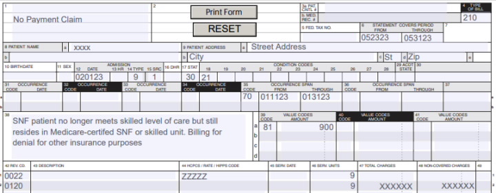 Skilled nursing facility (SNF) no-payment claims