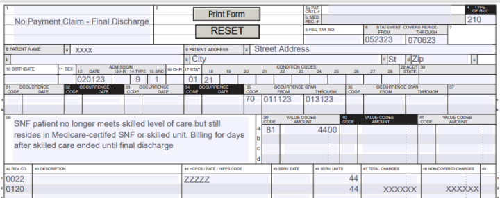 Skilled nursing facility (SNF) no-payment claims