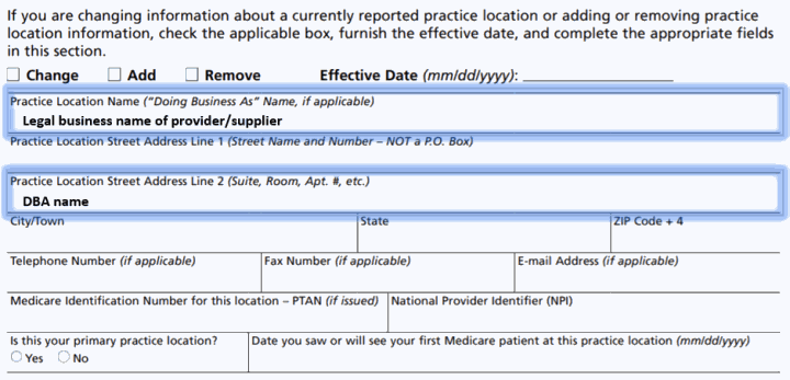 Doing business as (DBA) names for practice locations